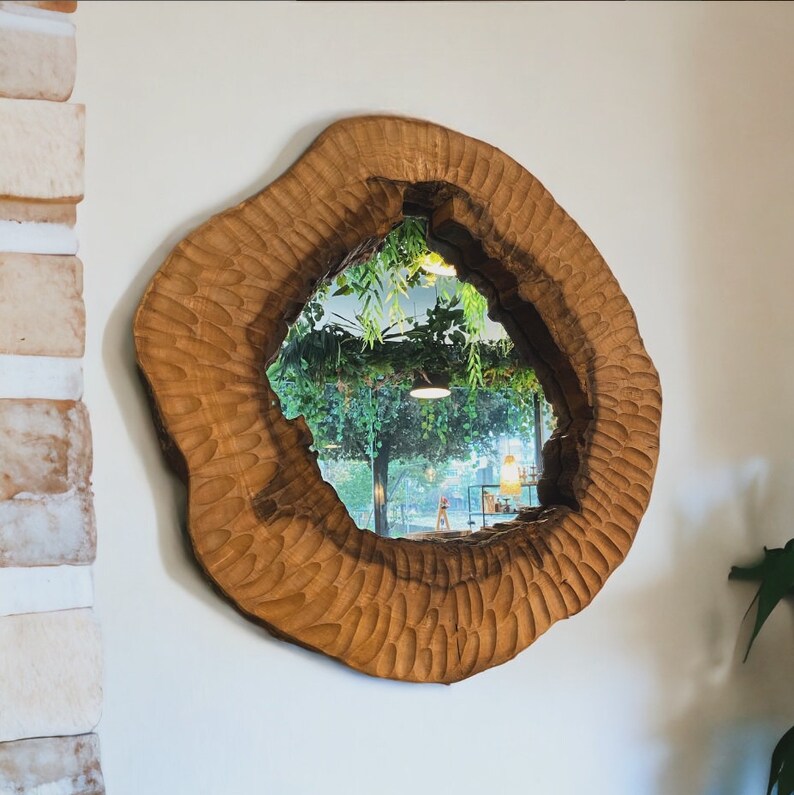 Irregular Mirror Made of Natural Log, Wooden Asymmetric Mirror, Wooden ...