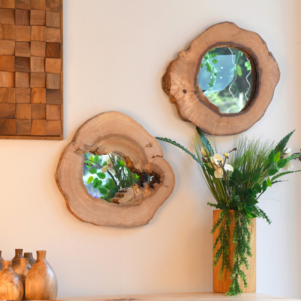 Irregular Mirror Made of Natural Log, Wooden Asymmetric Mirror, Wooden ...