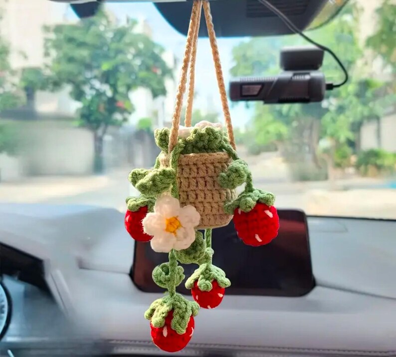 Charming Handmade Strawberry Crochet Car Mirror Charm Soft, Adjustable ...