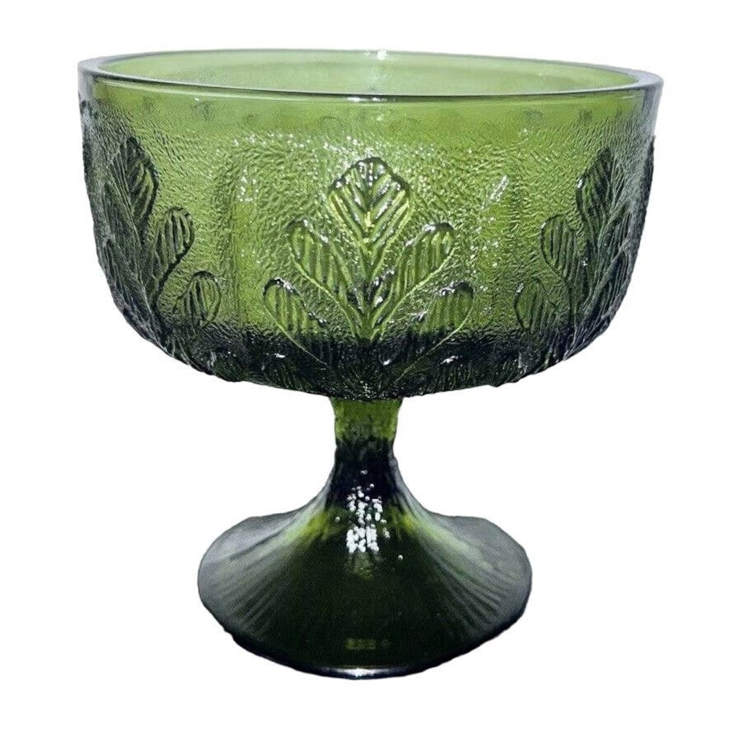Vintage 1978 FTD Green Compote Pedestal Glass Bowl Oak Leaf Embossed - Etsy