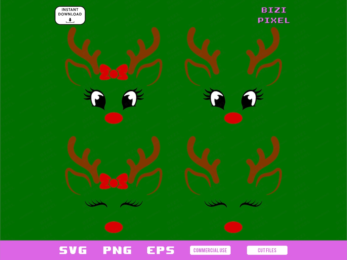 Cute Reindeer Face Svg, Girl Reindeer Svg, Boy Reindeer Png, Rudolphs ...
