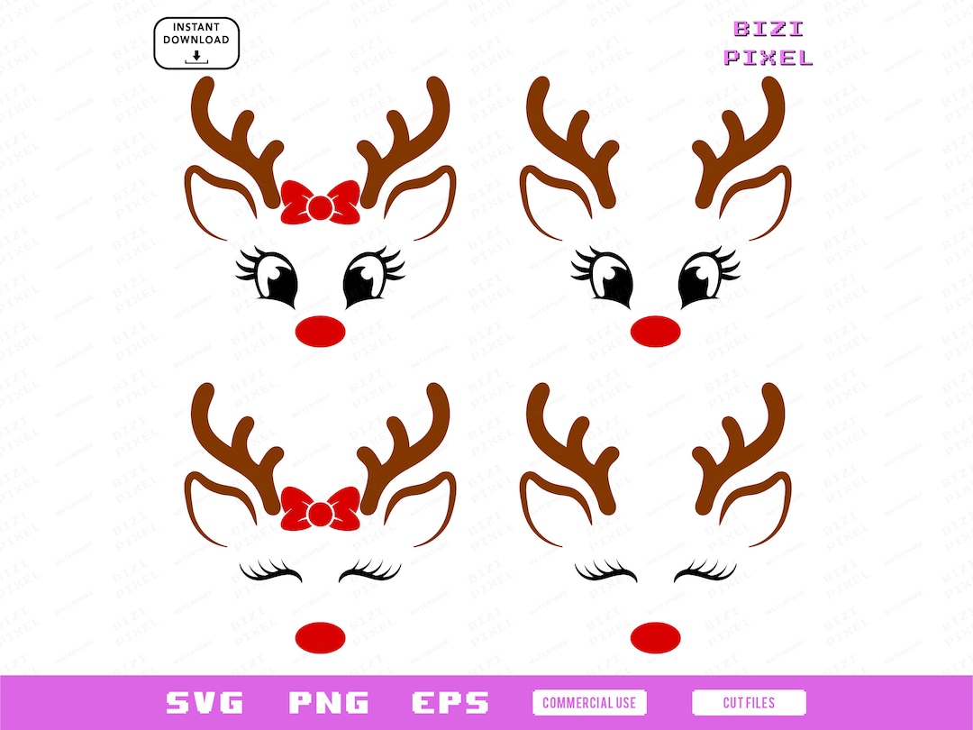 Cute Reindeer Face Svg, Girl Reindeer Svg, Boy Reindeer Png, Rudolphs ...