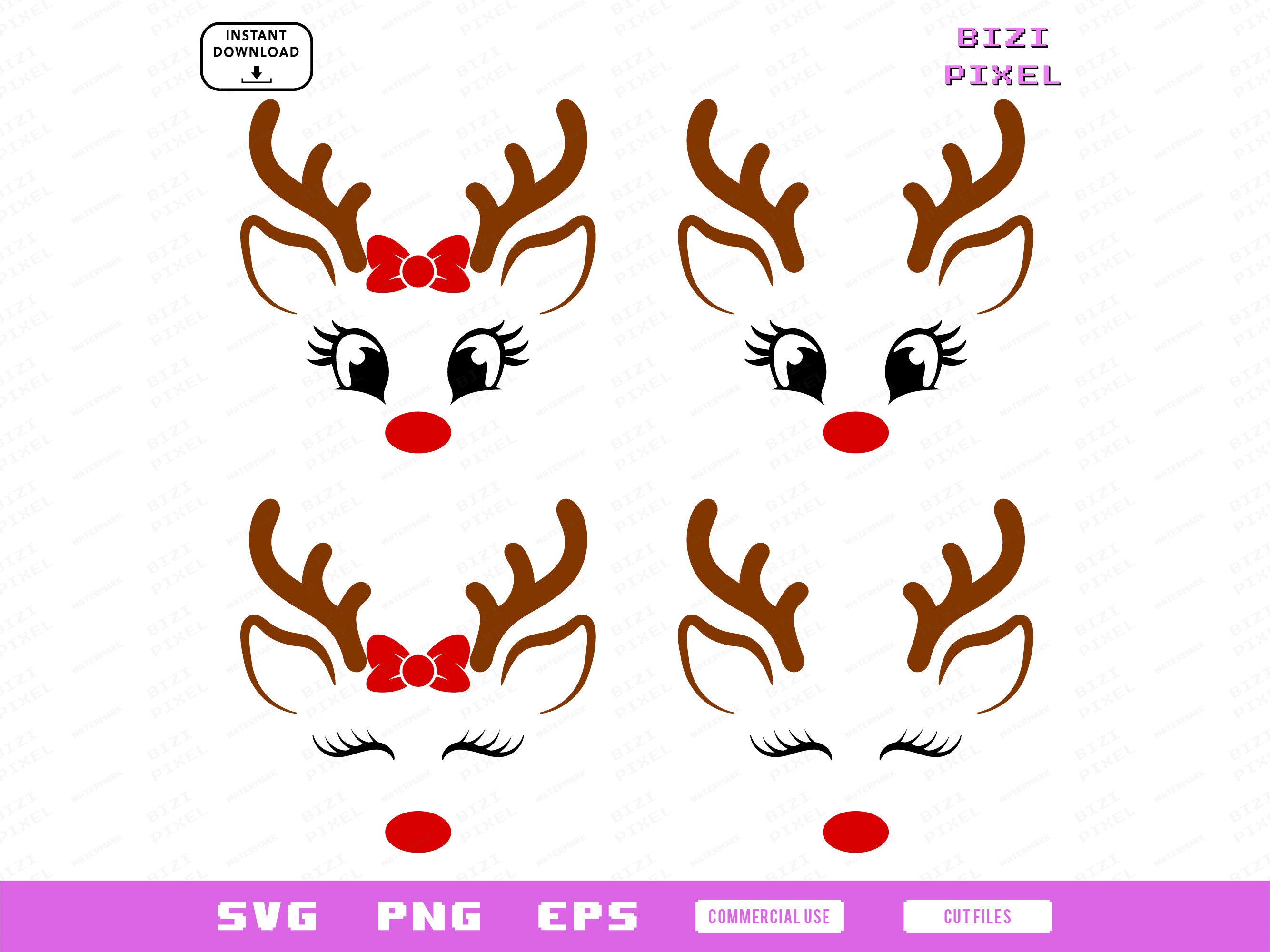 Cute Reindeer Face Svg, Girl Reindeer Svg, Boy Reindeer Png, Rudolphs the Red Nosed Reindeer Svg ...
