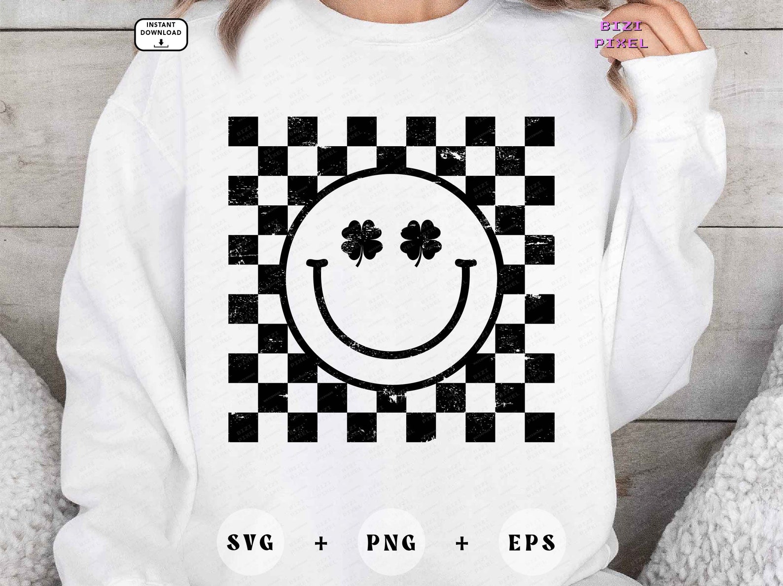 Clover Smiley Face Svg, Clover Smiley Face Png, Checkered Clover Smiley ...