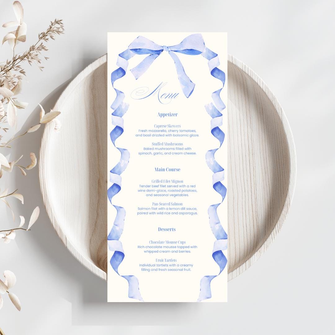 Blue Ribbon Bow Menu Template: Editable Watercolor Design (canva) - Etsy