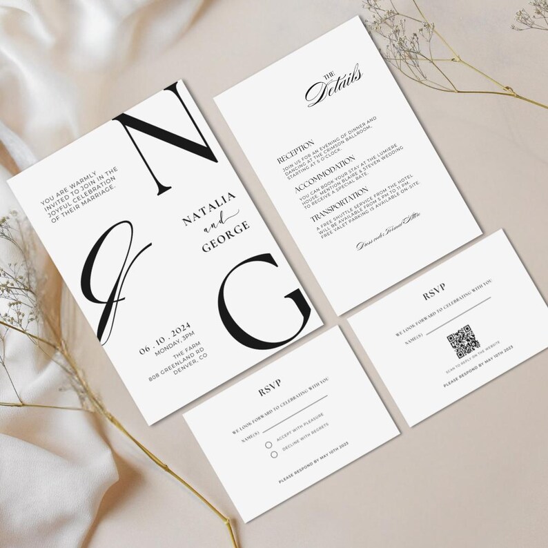 Minimalist Monogram Wedding Invitation Canva Template With RSVP QR Code, Editable Wedding ...