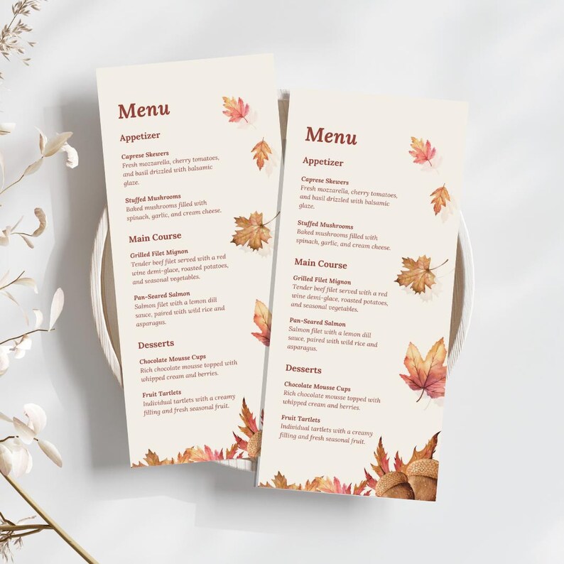 Autumn Wedding Menu Canva Template, Fall Theme Menu Template, Printable ...