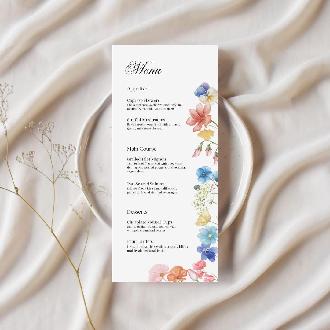 Wildflower Wedding Menu Canva Template, Wildflower Menu Template ...