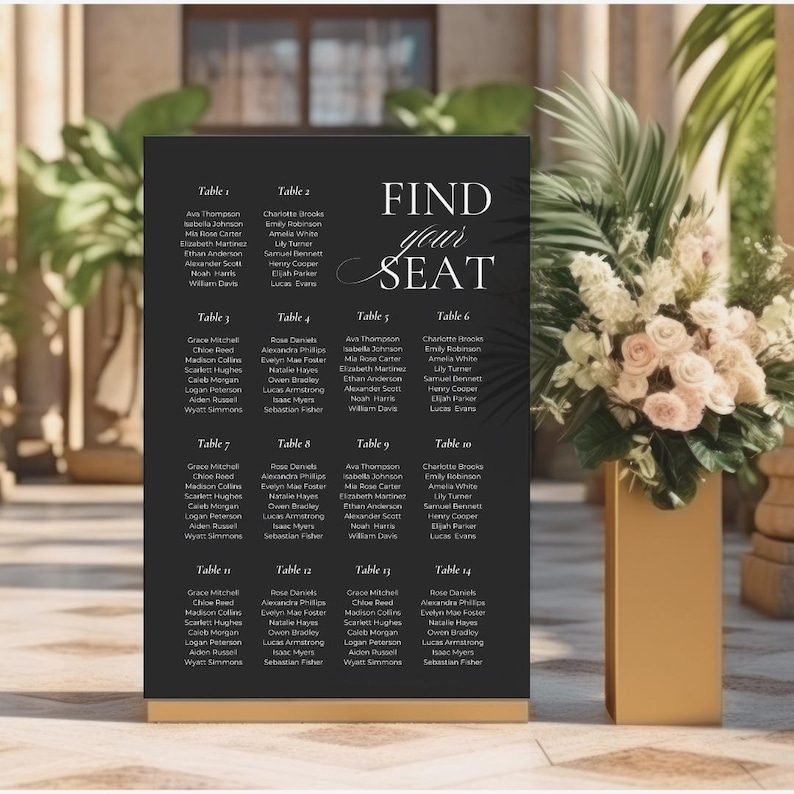 Modern Black Seating Chart Canva Template, Minimalist Black Wedding ...