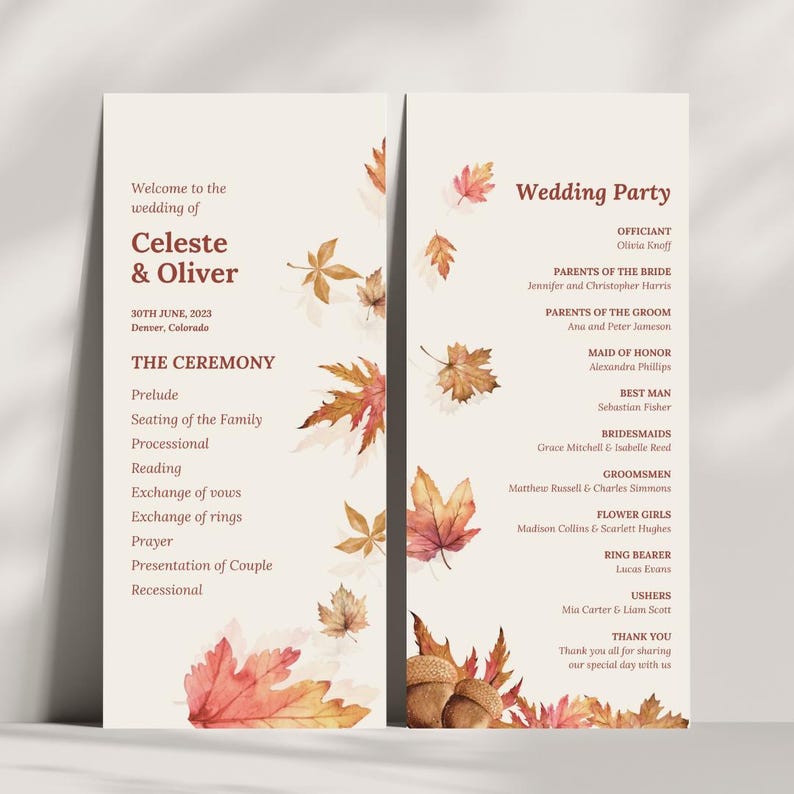 Autumn Program Template, Fall Wedding Program, Wedding Day Timeline ...