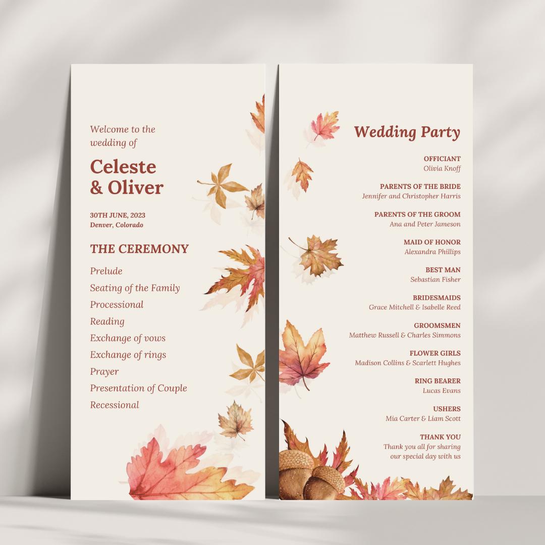 Autumn Program Template, Fall Wedding Program, Wedding Day Timeline ...