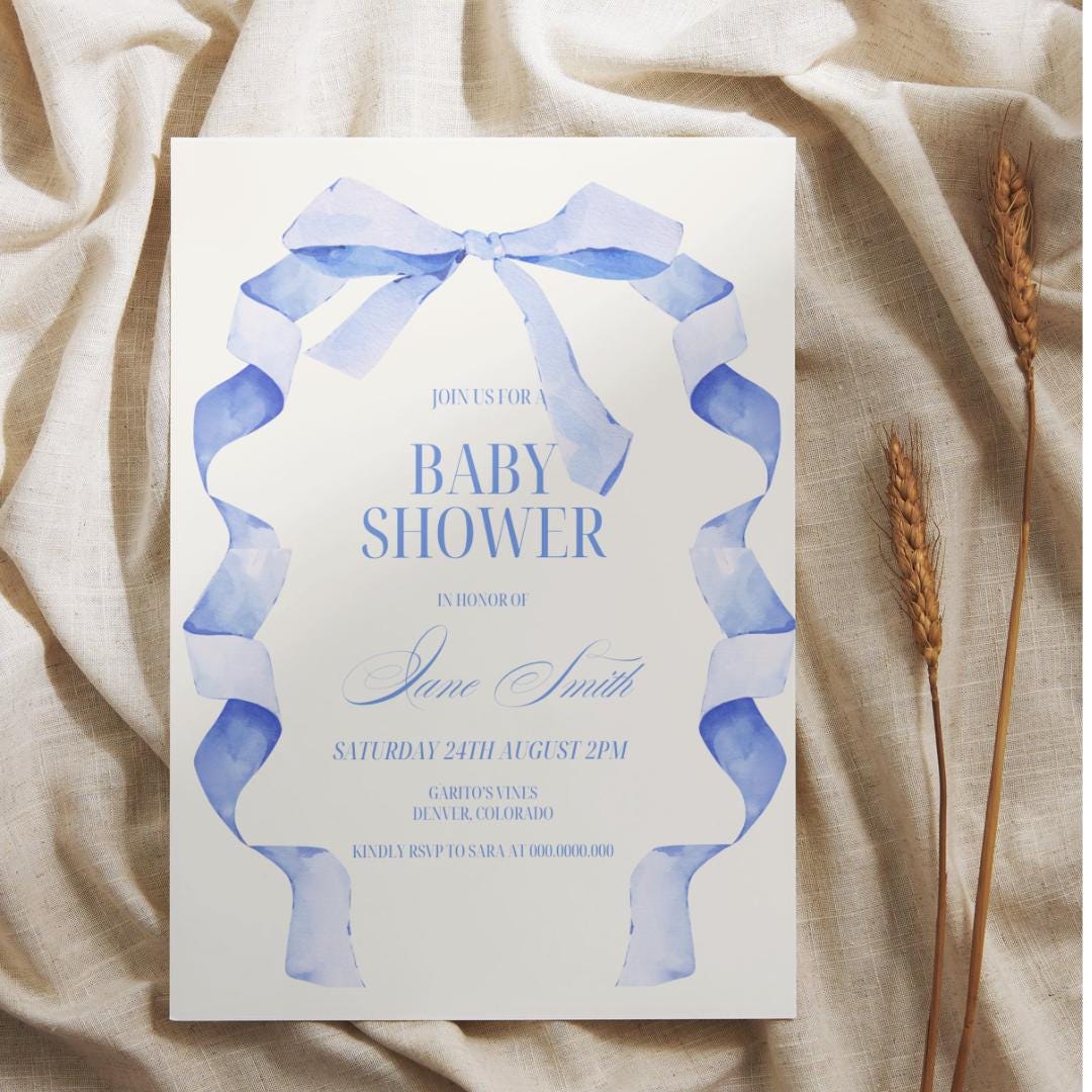 Blue Ribbon Baby Shower Invitation: Watercolor Invite (digital Download ...