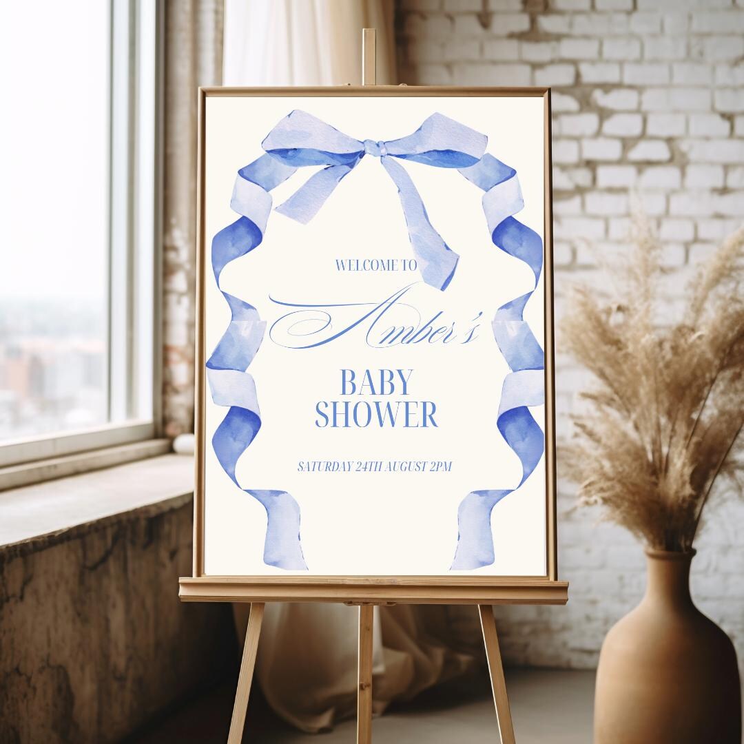 Blue Ribbon Baby Shower Welcome Sign: Watercolor Canva Template ...