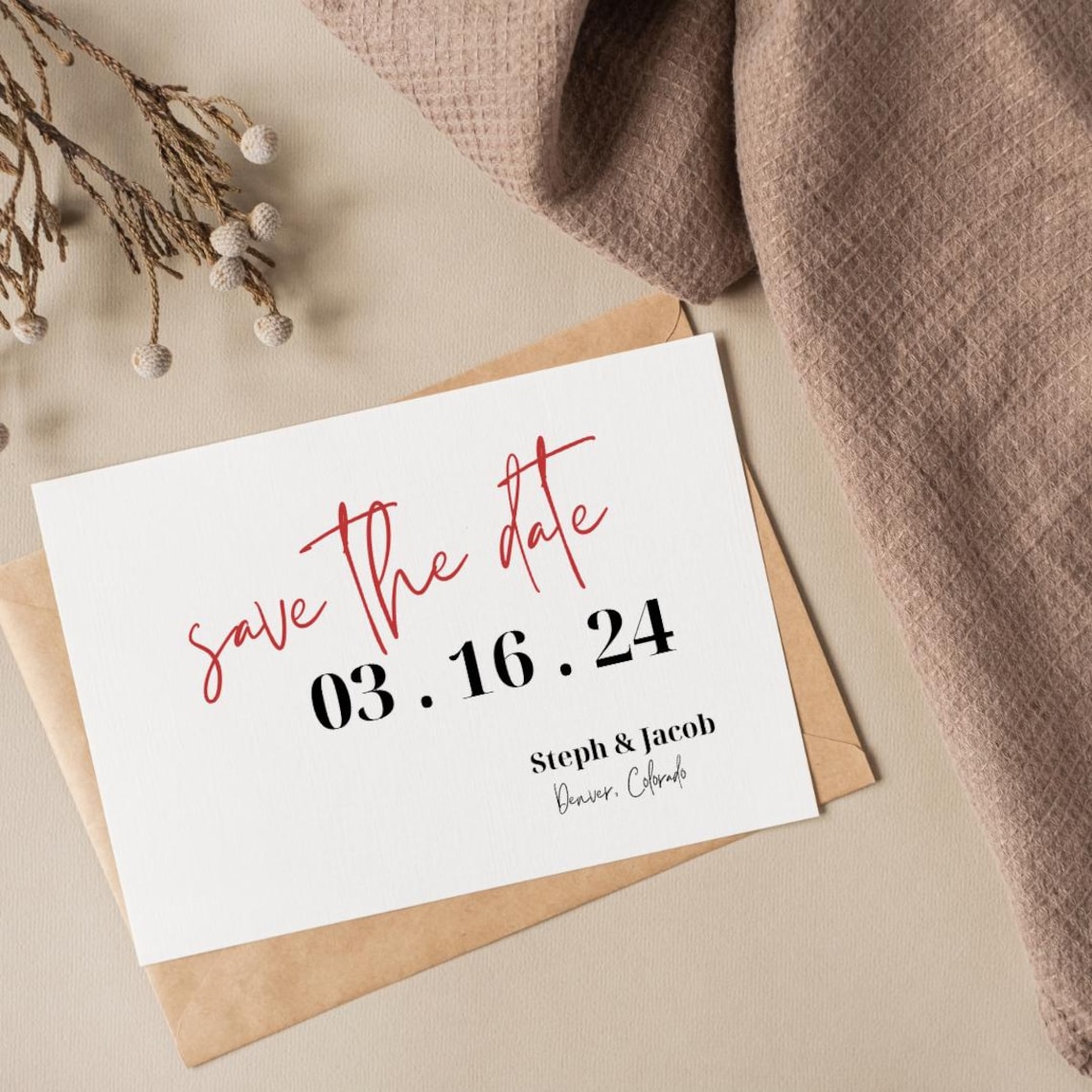 Red Script Save the Date Template: Elegant Wedding Card (digital ...