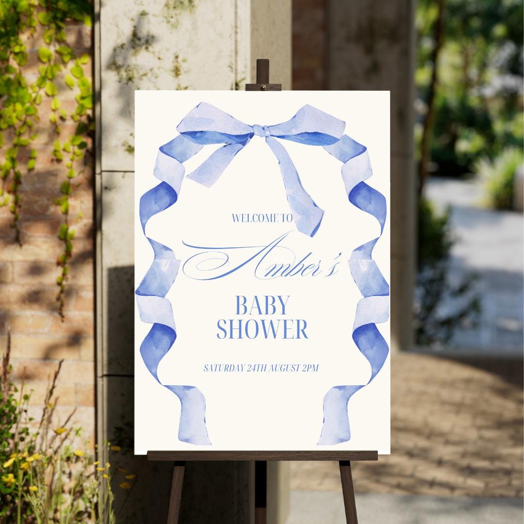 Blue Ribbon Baby Shower Welcome Sign: Watercolor Canva Template ...