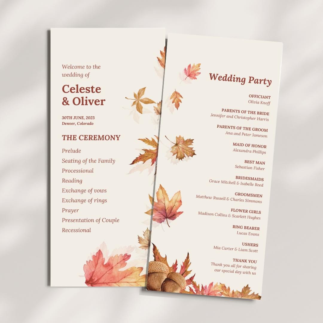 Autumn Program Template, Fall Wedding Program, Wedding Day Timeline ...