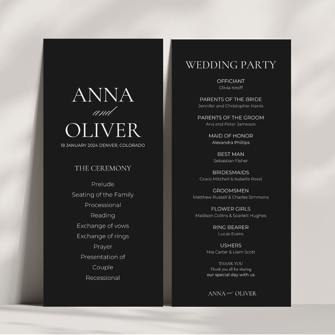 Modern Black Wedding Program Canva Template, Minimalist Wedding Program ...
