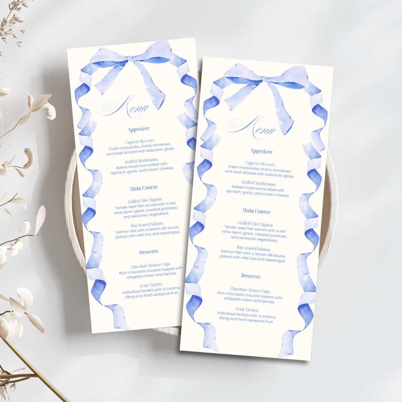 Blue Ribbon Bow Menu Template: Editable Watercolor Design (canva) - Etsy
