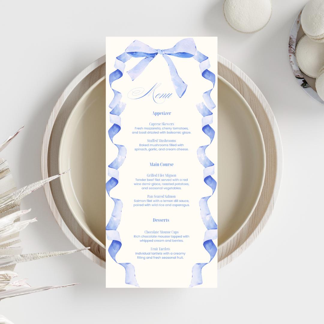 Blue Ribbon Bow Menu Template: Editable Watercolor Design (canva) - Etsy