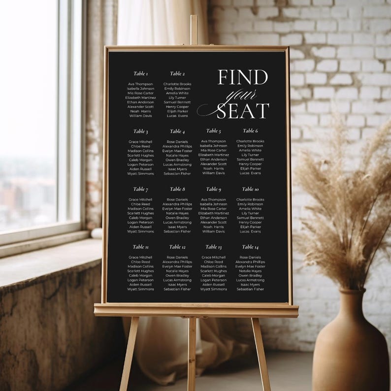 Modern Black Seating Chart Canva Template, Minimalist Black Wedding ...