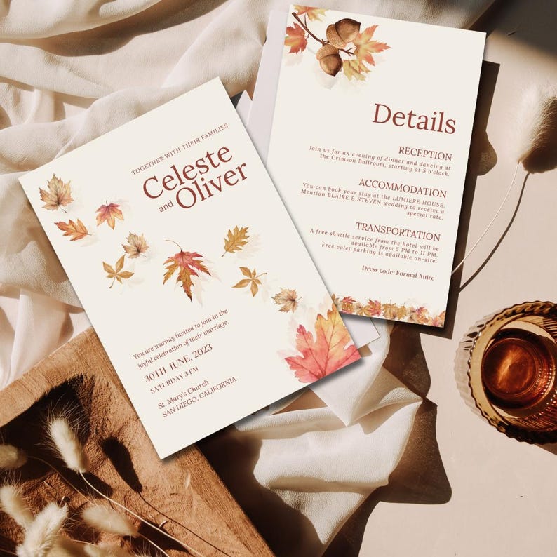 Autumn Wedding Invitation Canva Template Set, Editable Fall Wedding Invitation Template Suite ...