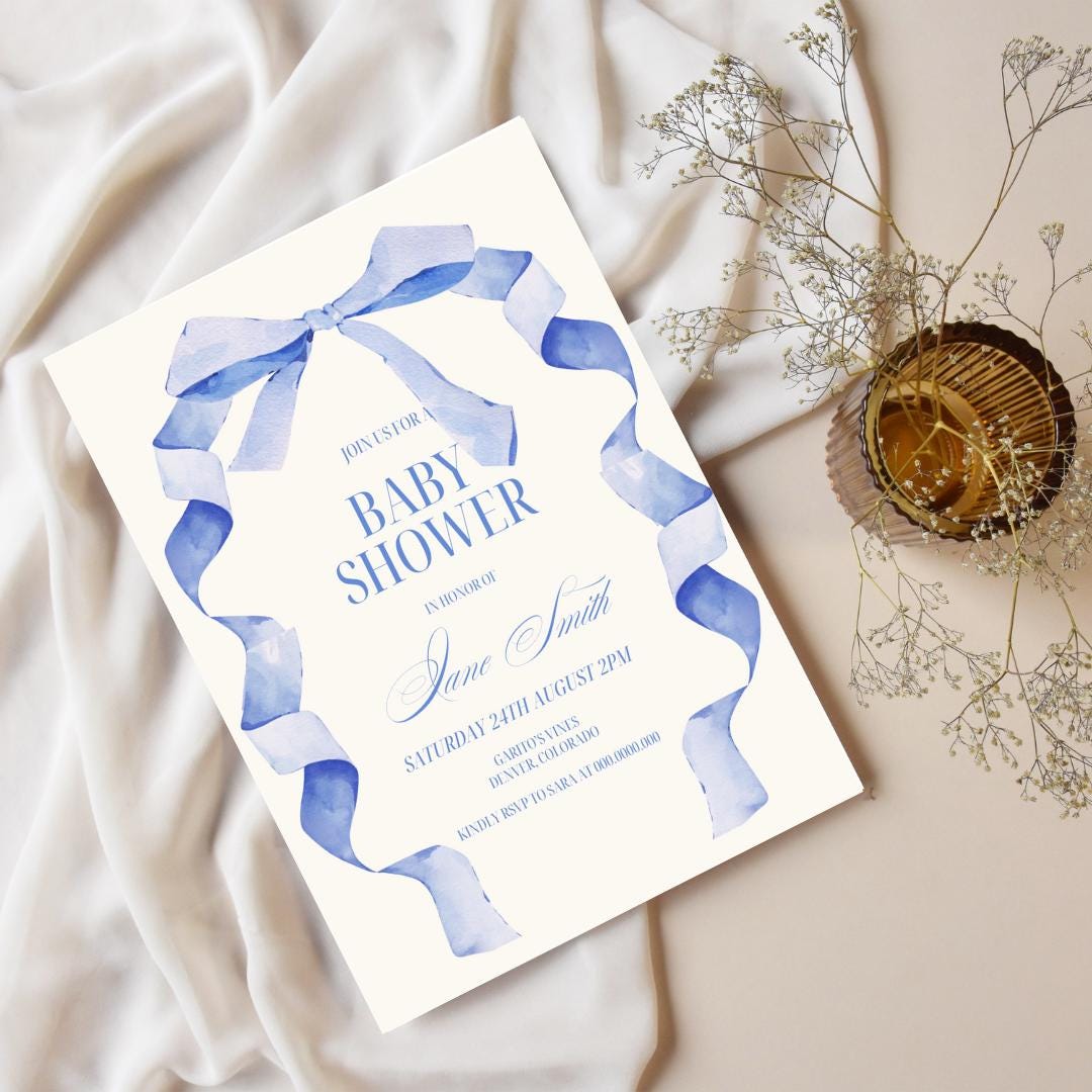 Blue Ribbon Baby Shower Invitation: Watercolor Invite (digital Download ...