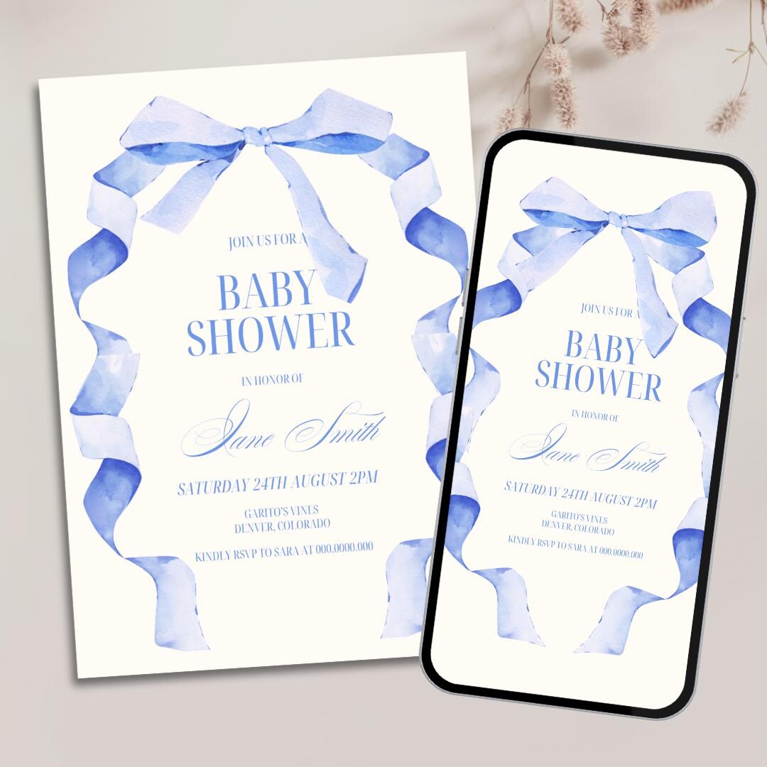 Blue Ribbon Baby Shower Invitation: Watercolor Invite (digital Download ...