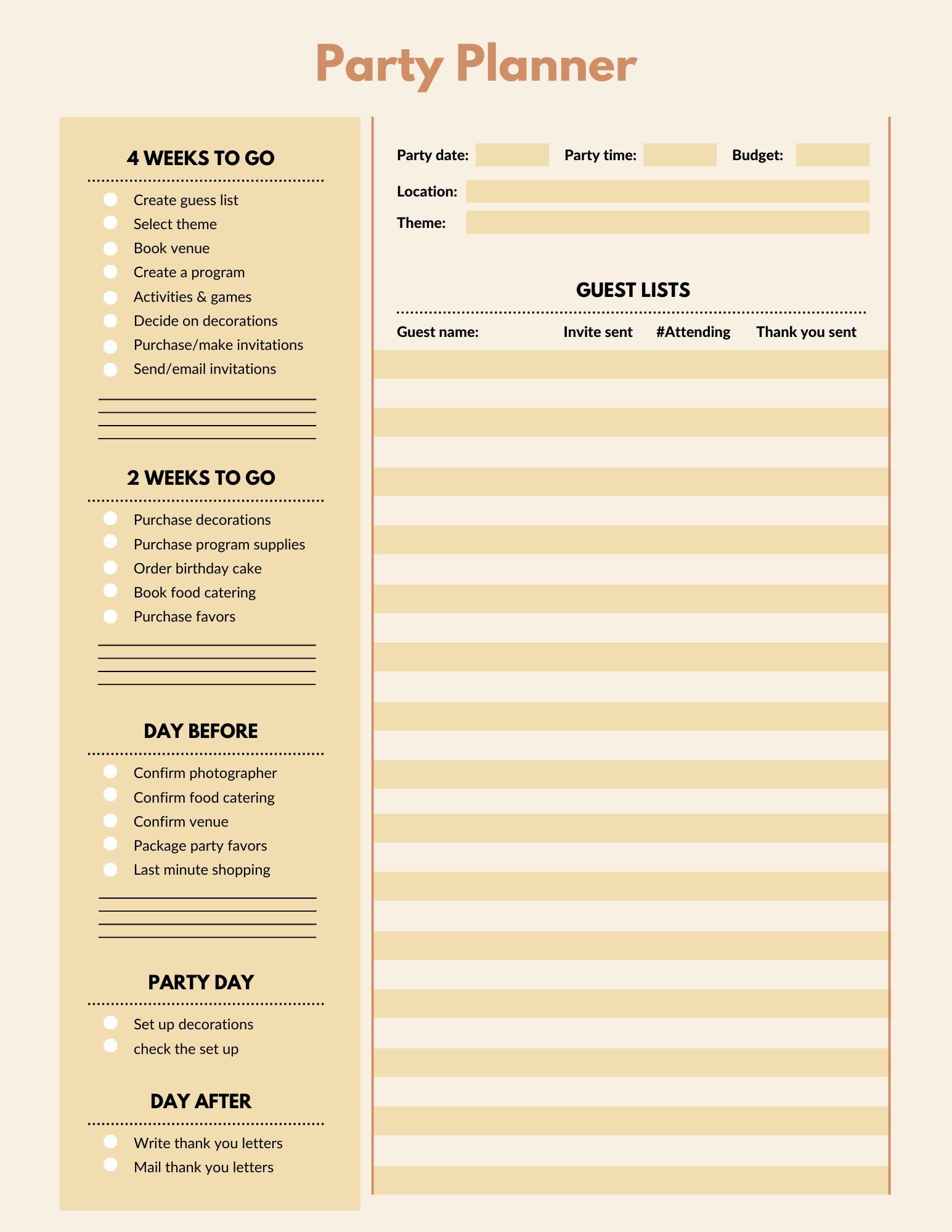 Printable Party Planner Event Planning Checklist Guest List Organizer ...