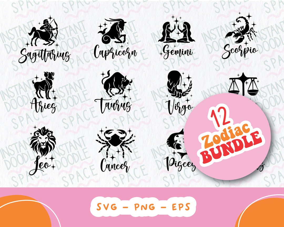 Zodiac Sign SVG Design Bundle Star Sign Collection SVG PNG Designs for ...
