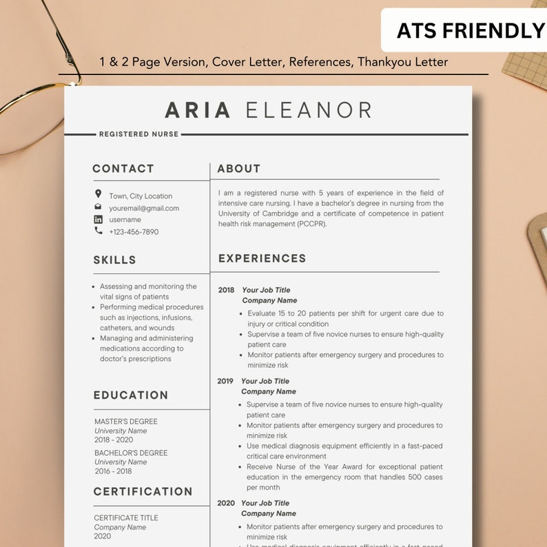 Nurse Resume Template ATS Friendly Resume New Grad Nurse - Etsy
