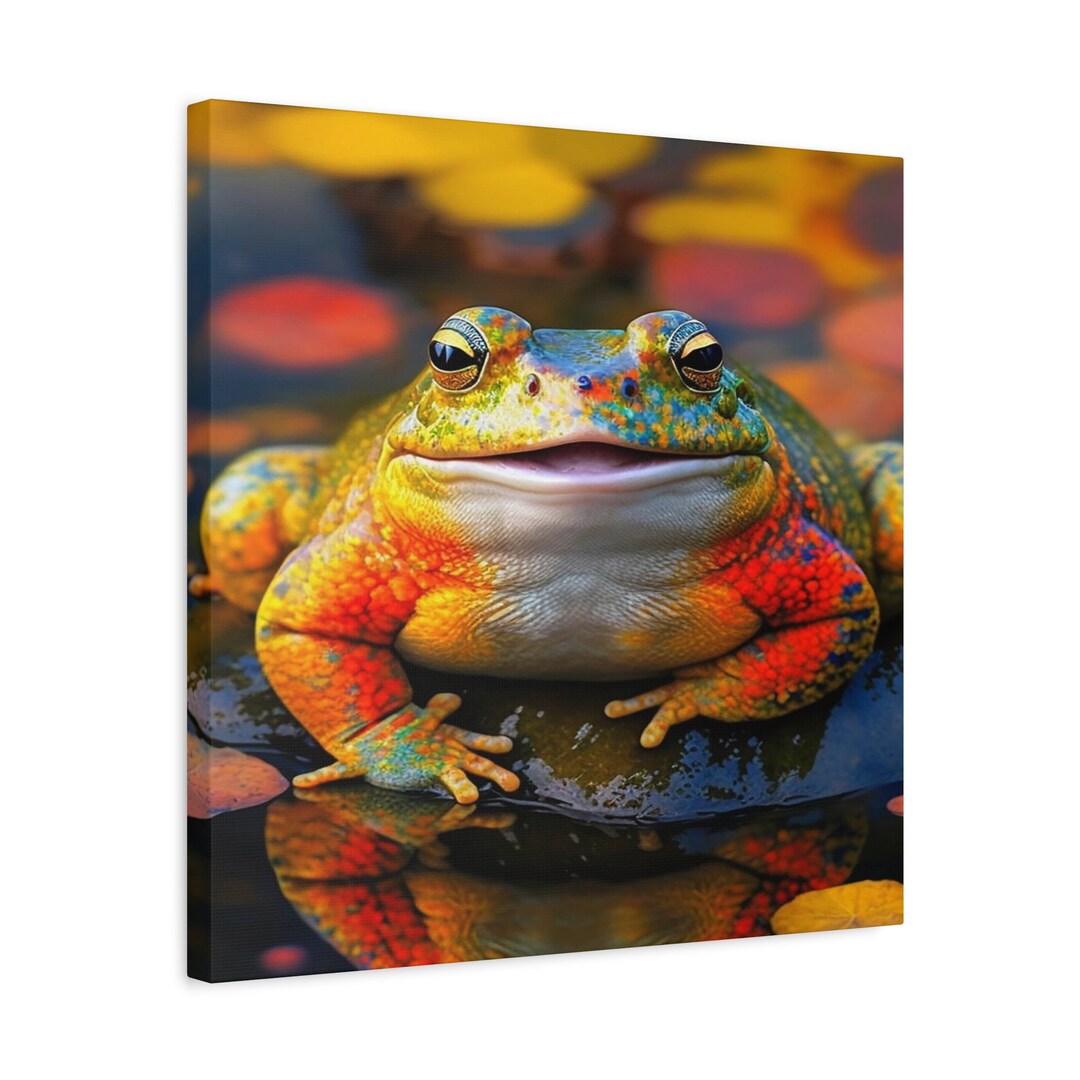Vibrant Frog Art: Colorful Amphibian on Pond Stone Canvas unique Nature ...