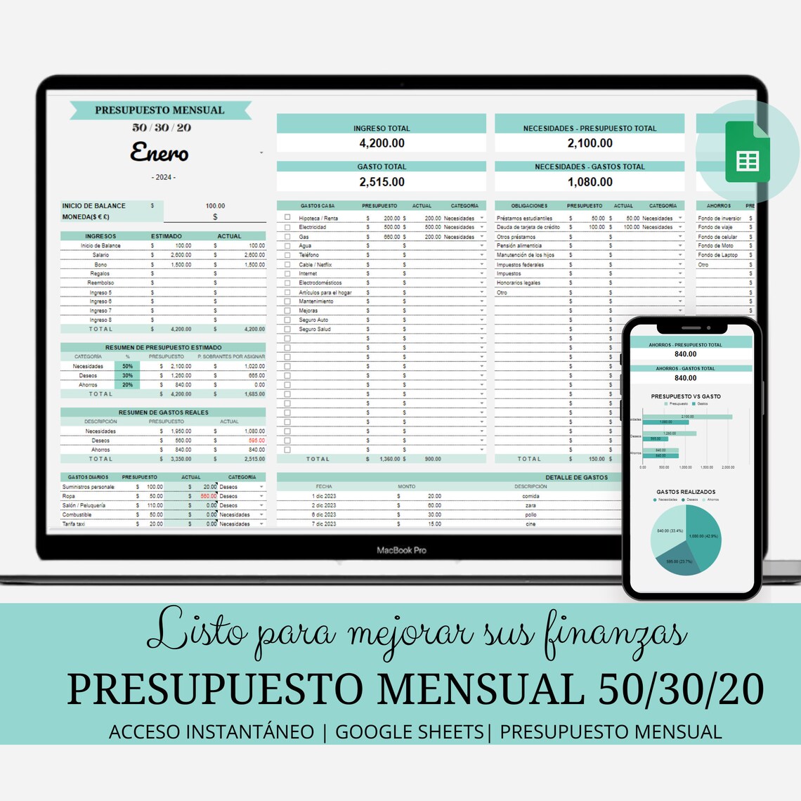 Plantilla de presupuesto financiero anual 50/30/20: Gestionar Gastos, Ahorros e Inversiones con ...