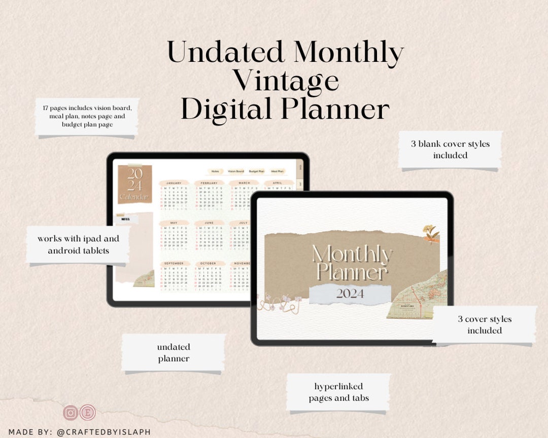Undated Monthly Digital Planner Vintage Digital Planner Vintage Monthly ...