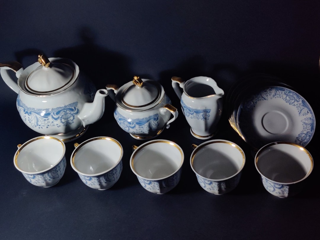 Vintage White Porcelain Tea Set With Blue Patterns, Ornate Ornaments ...