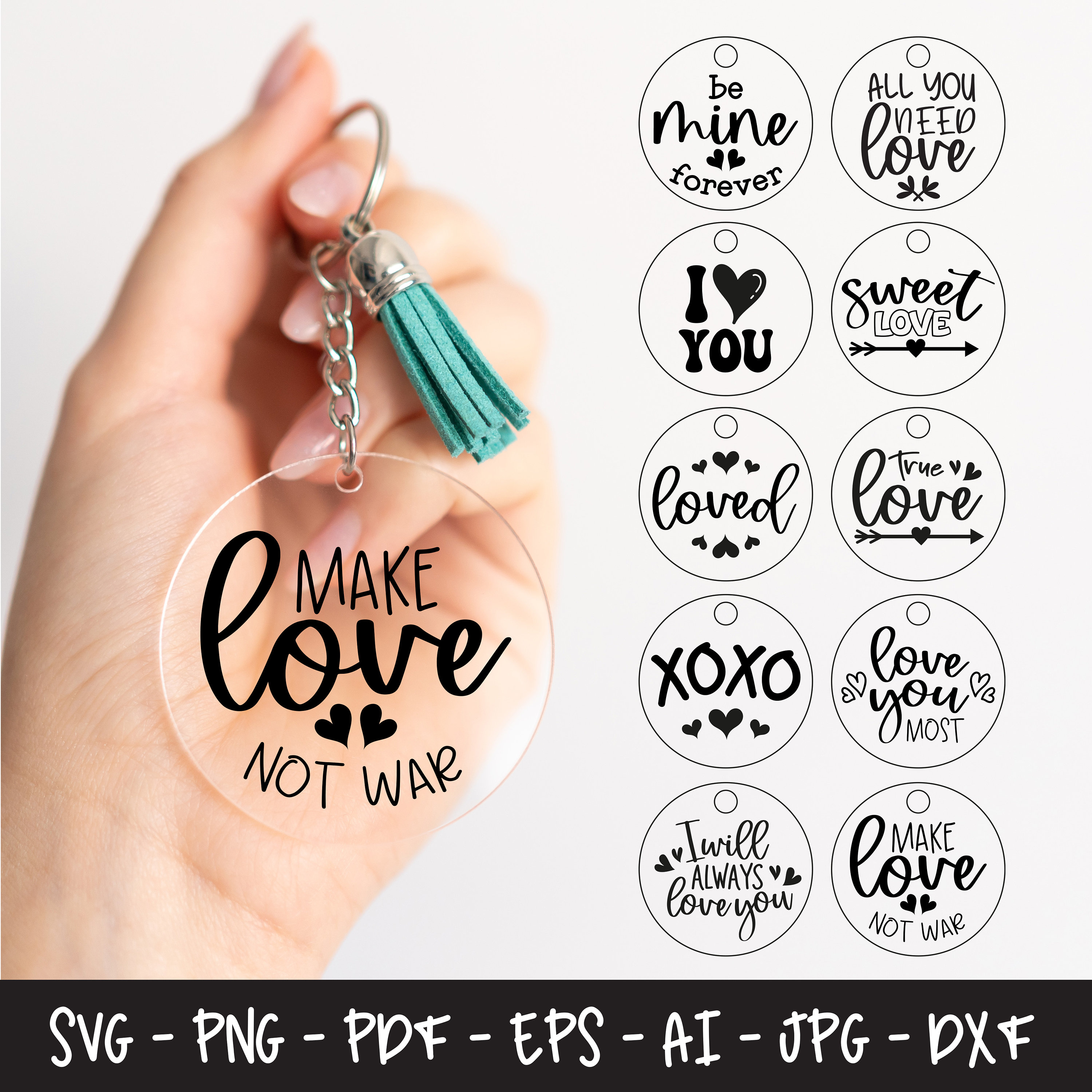 Round Keychain Svg Bundle, Valentines Day Keychain Svg, Love Svg, Love ...
