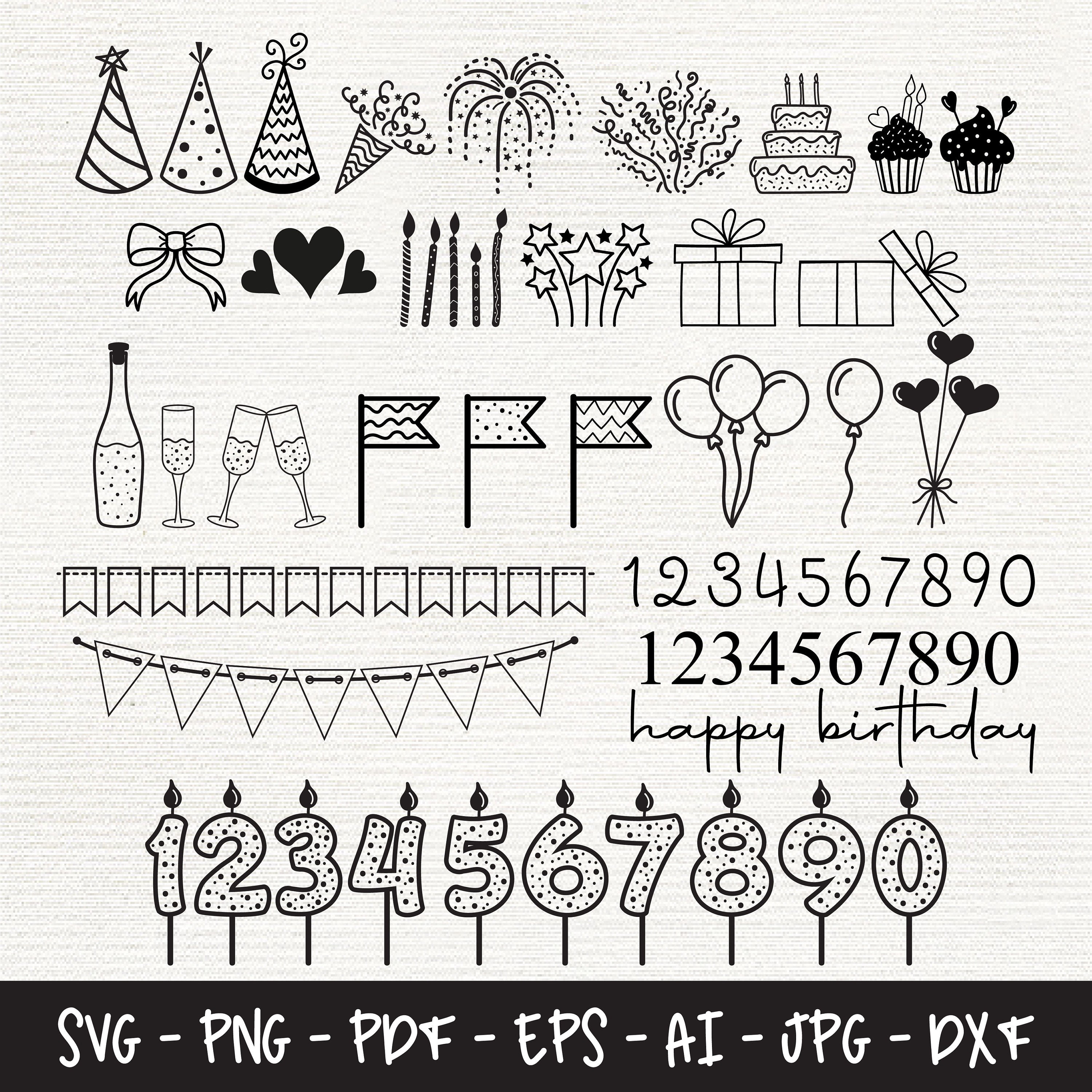 Happy Birthday Doodle Svg Bundle, Party Theme Svg, Birthday Party Svg ...