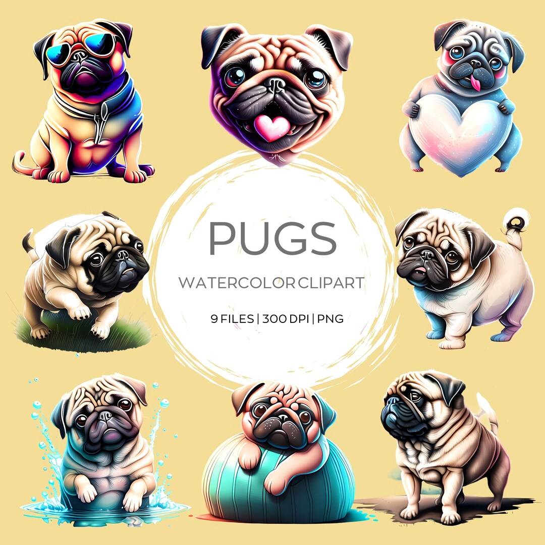 Pug Clipart Watercolor Bundle Pug PNG Dog PNG Digital Download Dog ...