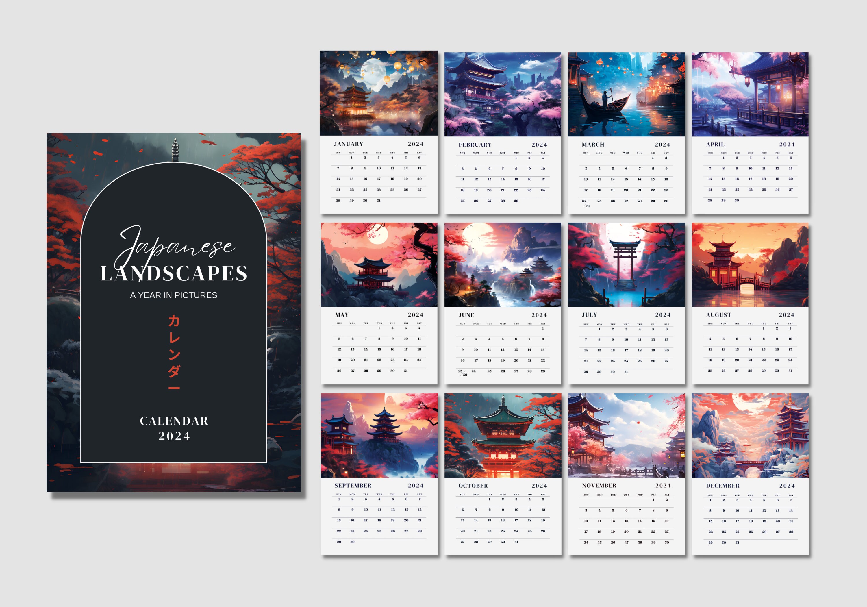 Japanese Fantasy Landscapes Calendar 2024 Printable PDF Monthly ...