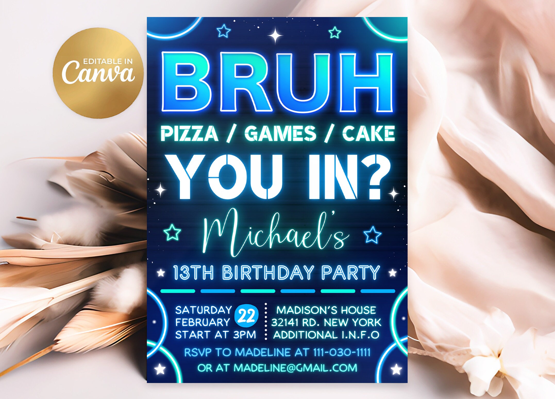 Bruh Neon Birthday Invitation, Bruh Invitation, Editable Boy Teenager ...