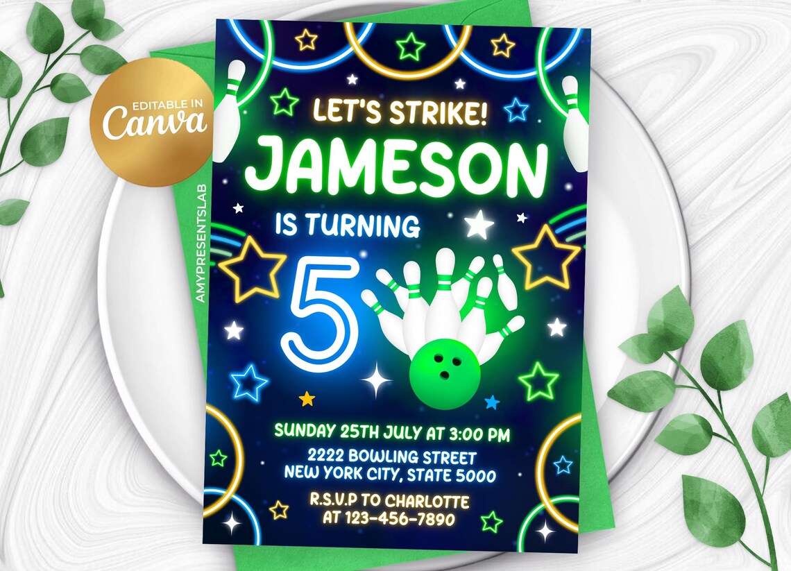 Bowling Birthday Invitation, Bowling Invitation, Editable Kids Neon ...