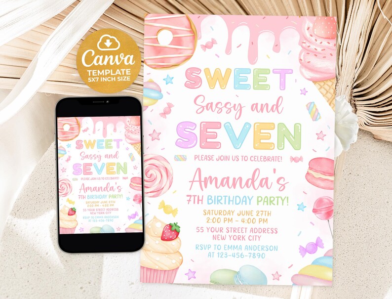 Sweet Sassy and Seven Birthday Invitation, Candy Birthday Invitation ...