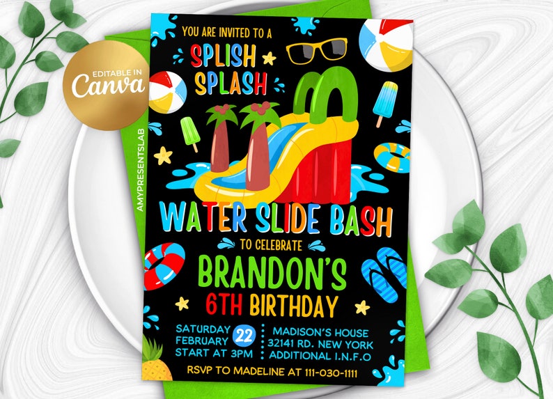 Water Slide Birthday Splash Party Invitation, Water Slide Invitation ...