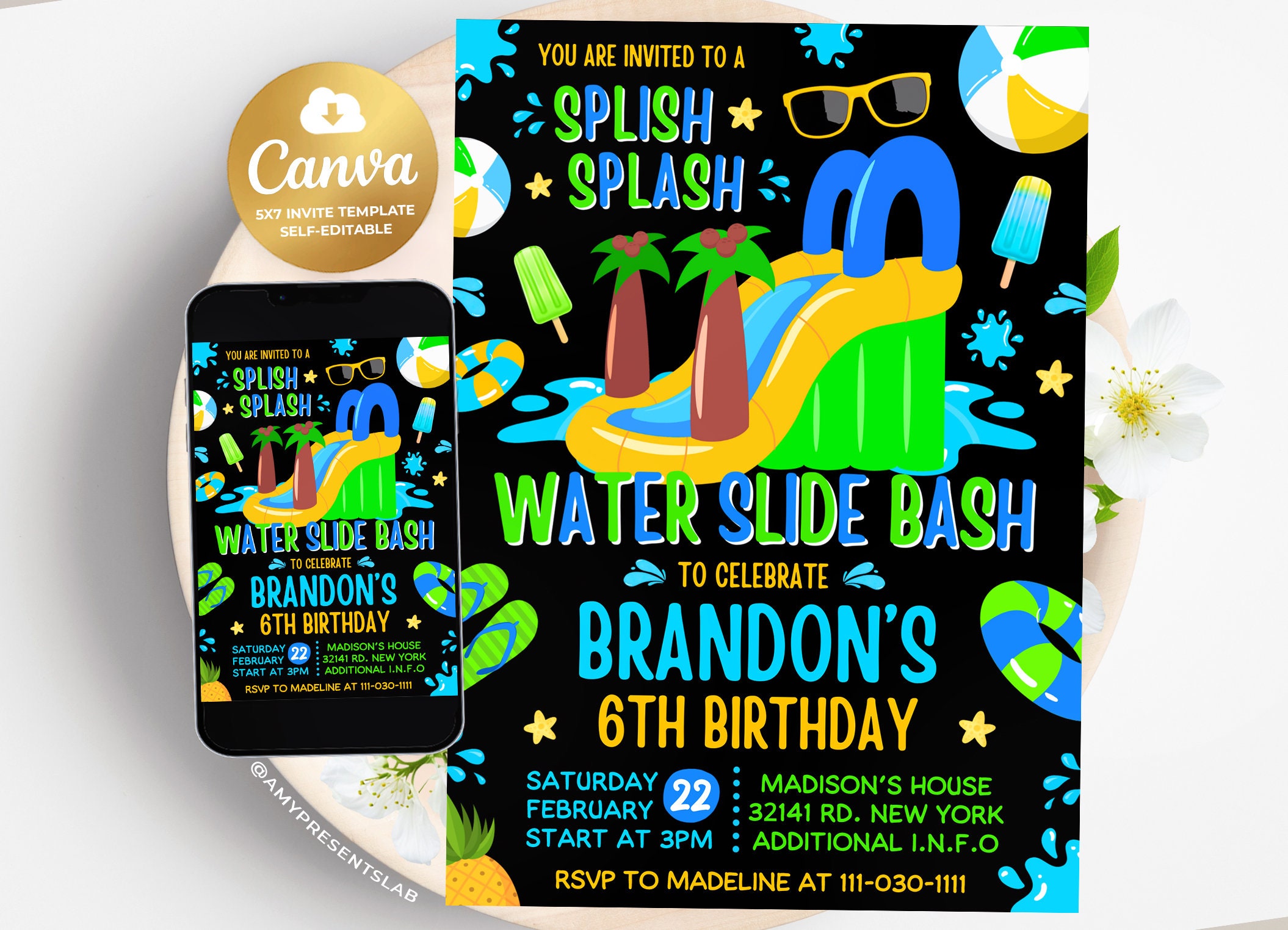 Water Slide Birthday Splash Party Invitation, Water Slide Invitation ...