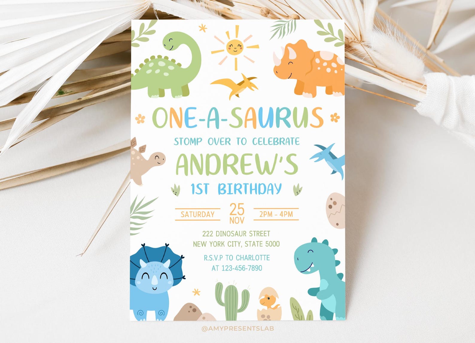 Dinosaur First Birthday Invitation, Boy One-a-saurus Dinosaur ...