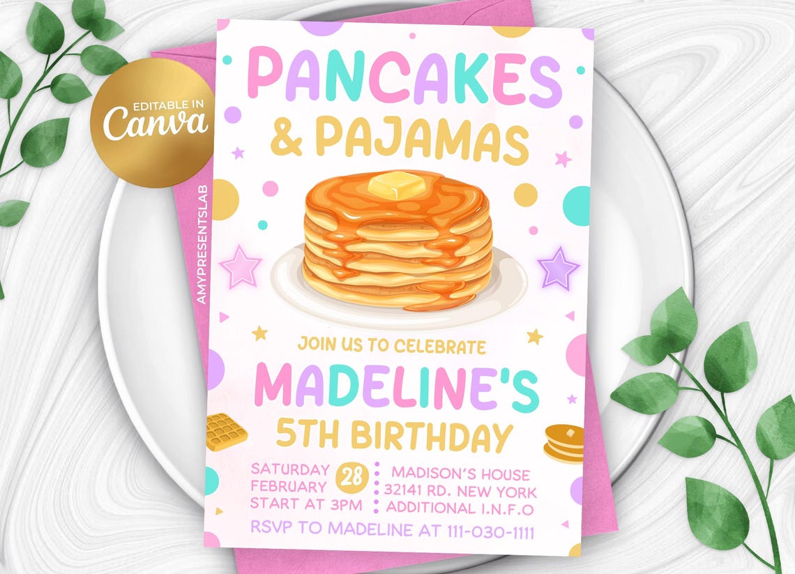 Pancakes and Pajamas Birthday Invitation, Pancake Invitation, Editable ...