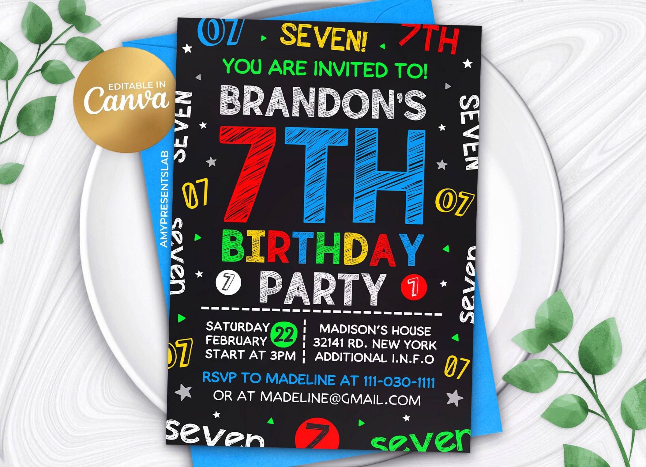 7th Birthday Invitation, 7th Invitation, Editable Boy 7th Birthday ...