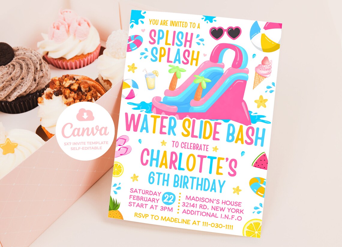 Water Slide Birthday Splash Party Invitation, Water Slide Invitation ...