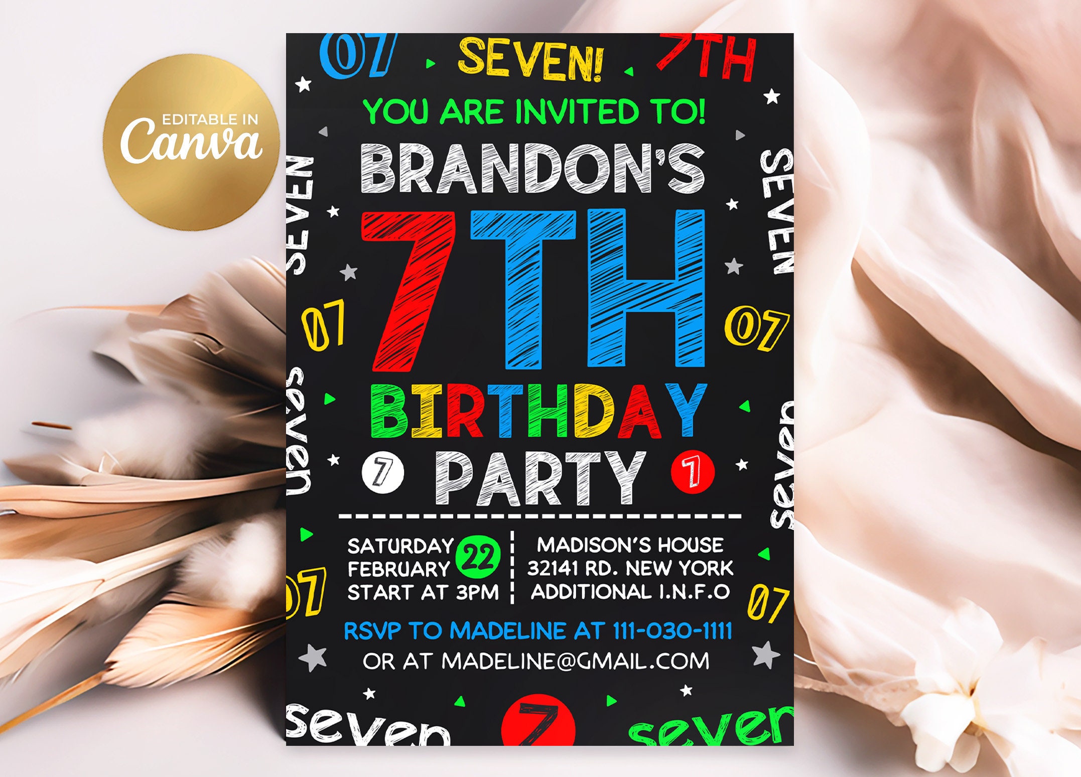 7th Birthday Invitation, 7th Invitation, Editable Boy 7th Birthday ...