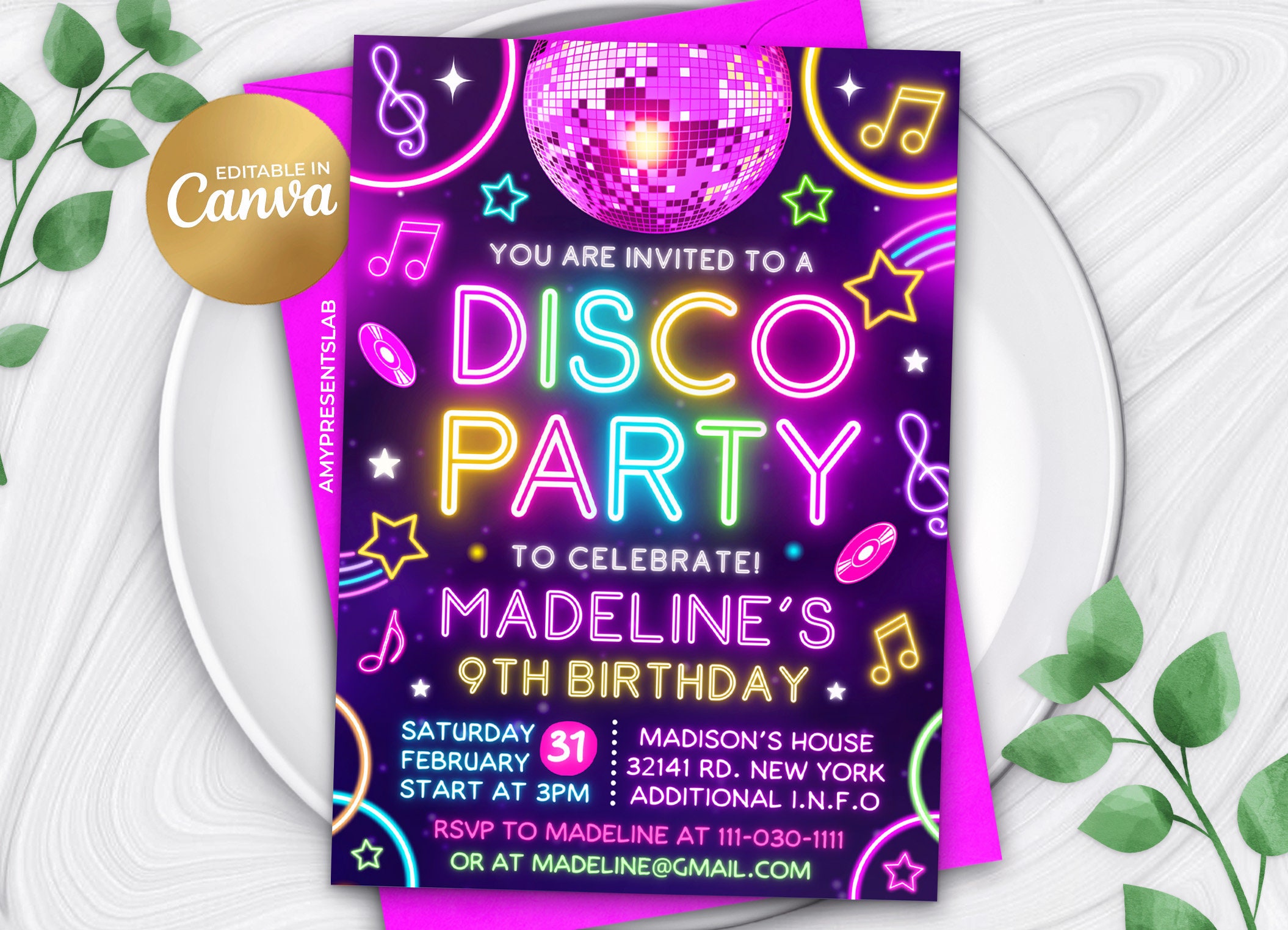 Disco Party Birthday Invitation, Disco Invitation, Editable Kids Dance ...