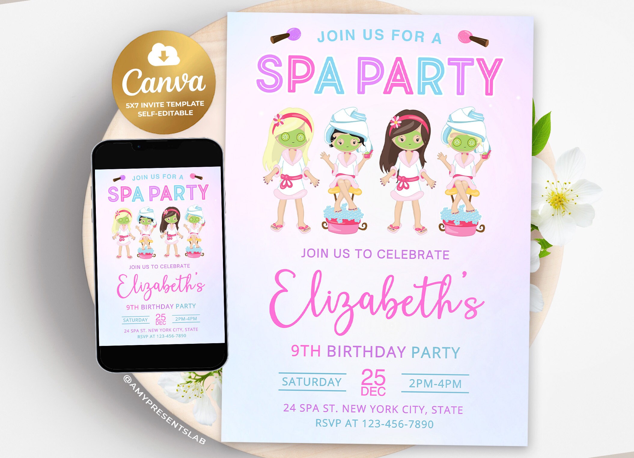 Spa Party Birthday Invitation, Spa Party Invitation, Girl Spa Birthday ...